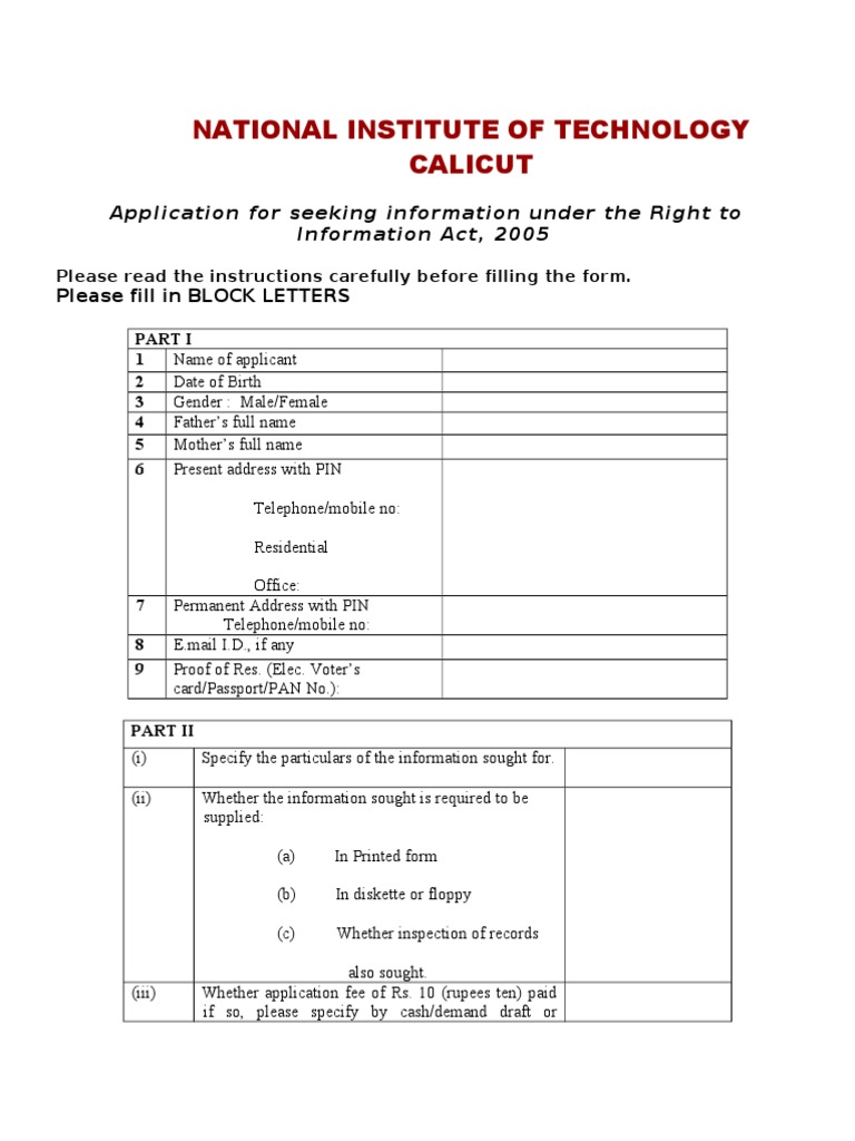 National Institute of Technology Calicut: Application For Seeking ...