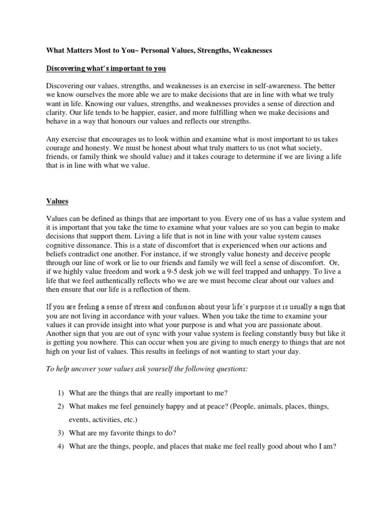 Discover Your Values, Strengths, and Weaknesses | PDF | Value (Ethics ...