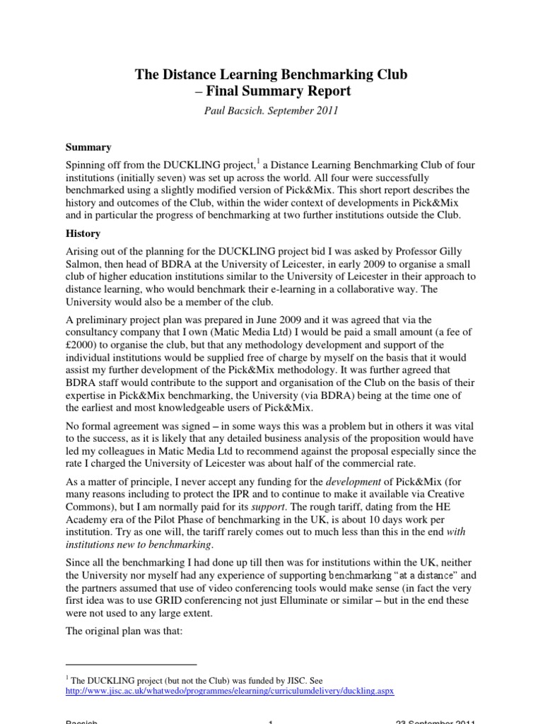The Distance Learning Benchmarking Club: Final Summary Report | PDF ...