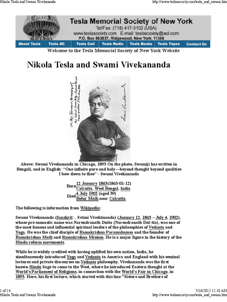 Tesla and Vivekananda: A Spiritual Connection | PDF | Swami Vivekananda ...