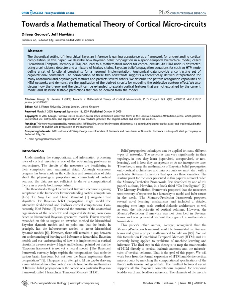 Towards A Mathematical Theory of Cortical Micro-Circuits | PDF | Cybernetics | Neuroscience