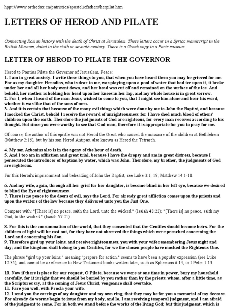 Letters of Herod and Pilate | Pontius Pilate | Resurrection Of Jesus