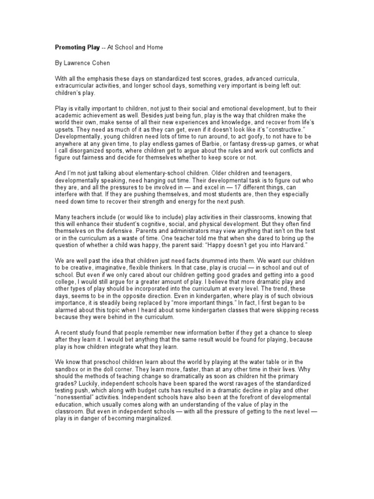 Promoting Play - at School and Home | PDF | Standardized Tests | Curriculum