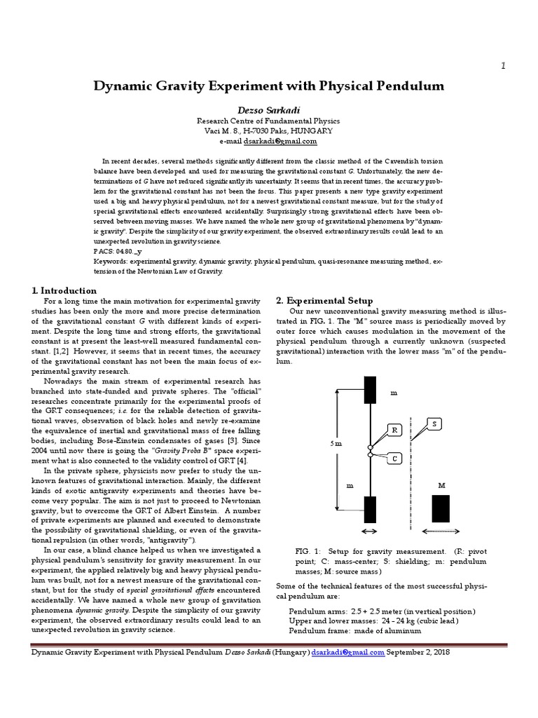 Dynamic Gravity Experiment With Physical Pendulum Sept. 2. 2018 | PDF ...