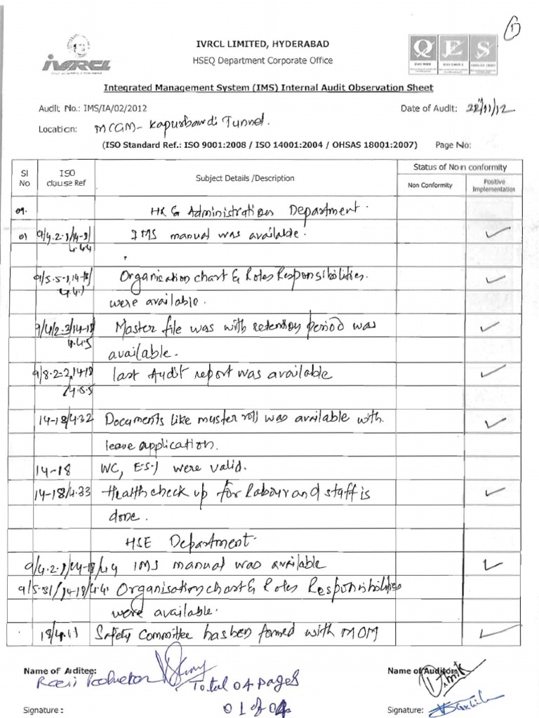 IMS Internal Audit Observation Sheet | PDF | International Organization ...