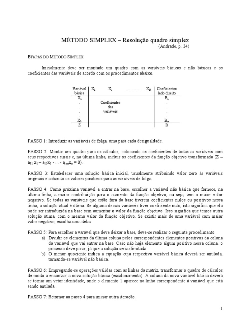 PL - Método Simplex - Resolução Pelo Quadro Simplex | PDF | Matriz ...