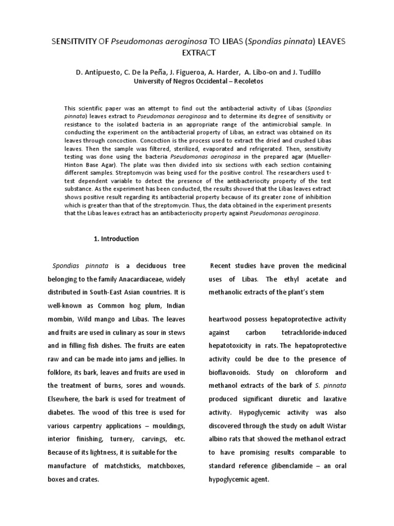 Sensitivity of Pseudomonas Aeroginosa To Libas (Spondias Pinnata ...