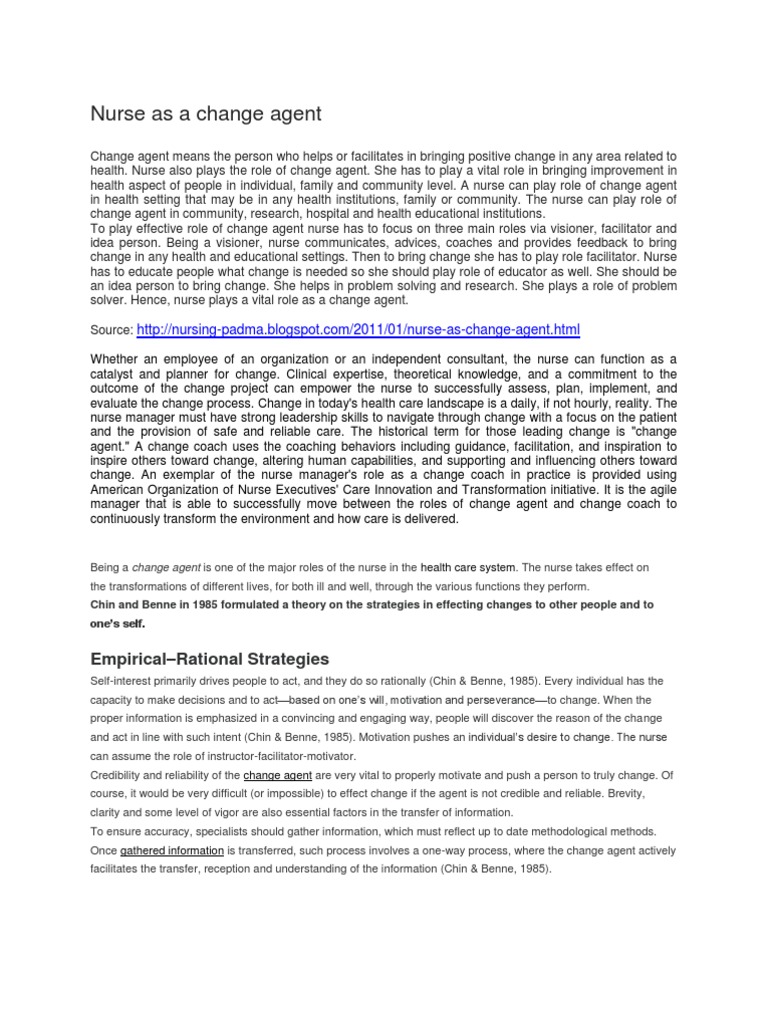 Nurse As A Change Agent | PDF | Health Care | Nursing
