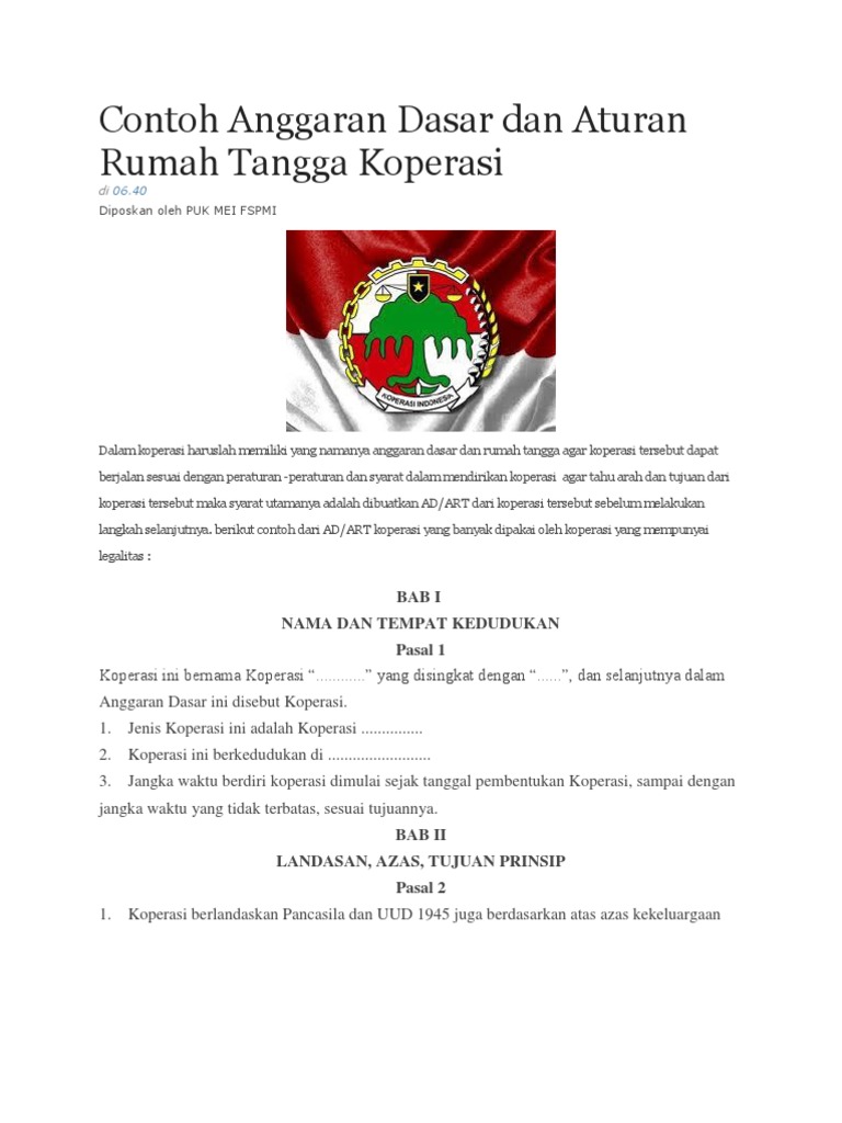 Contoh Anggaran Dasar Dan Aturan Rumah Tangga Koperasi | PDF