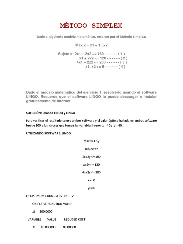 MÉTODO SIMPLEX (LINDO y LINGO) | PDF | Matemáticas Aplicadas ...