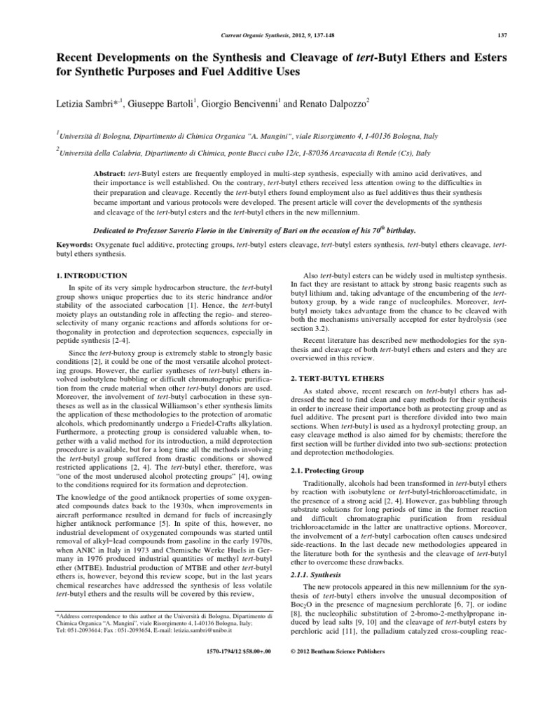 Recent Developments On The Synthesis and Cleavage of Tert-Butyl Ethers ...