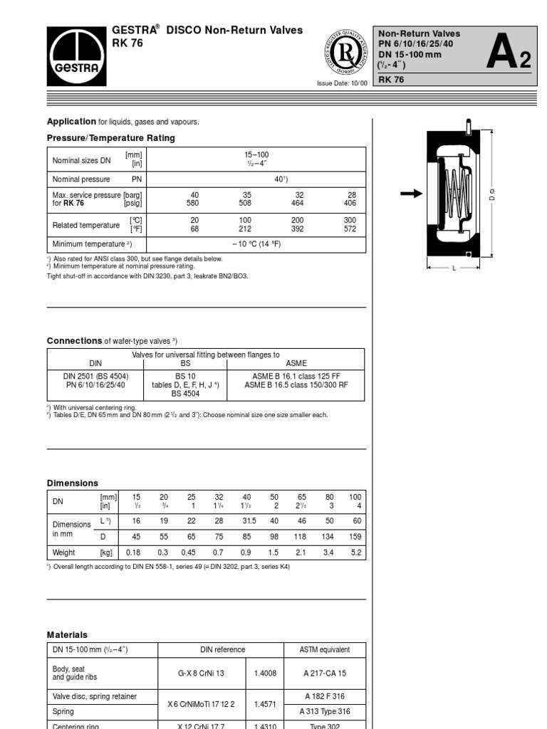 Gestra Sandwich Check Valve RK76 | PDF | Valve | Pressure