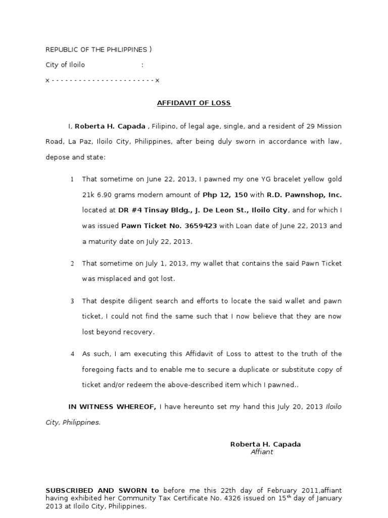 Affidavit of Loss - Pawn Ticket Legal Form | PDF