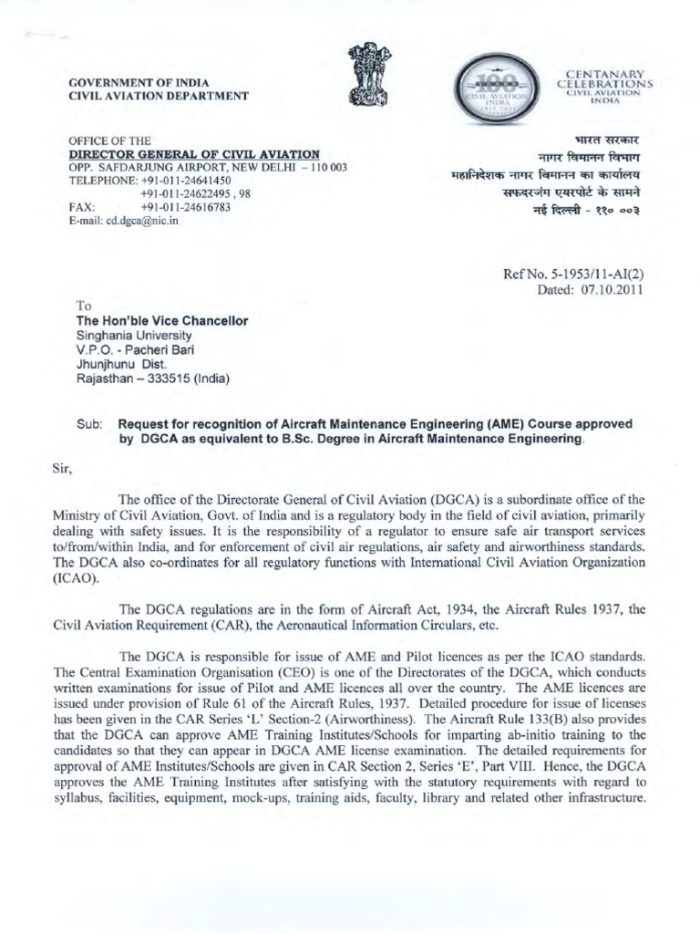 DGCA Letter To Singhania University | PDF | Career & Growth ...