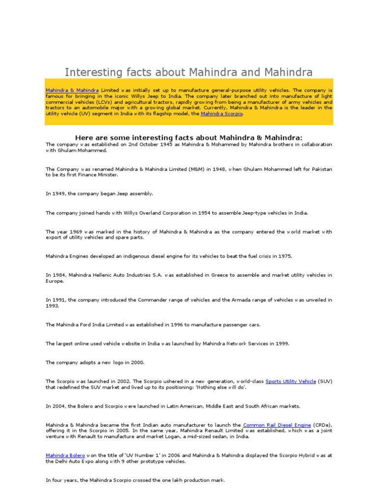 Mahindra & Mahindra: Company History | PDF | Land Vehicles | Vehicle ...