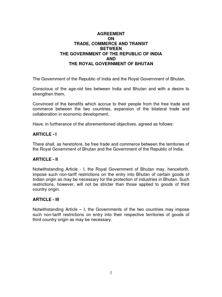 Trade Agreement Between India & Bhutan | PDF | Customs | Bhutan