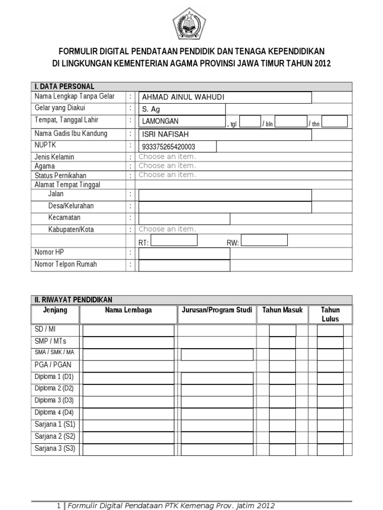 Formulir Pendataan PTK Kemenag | PDF