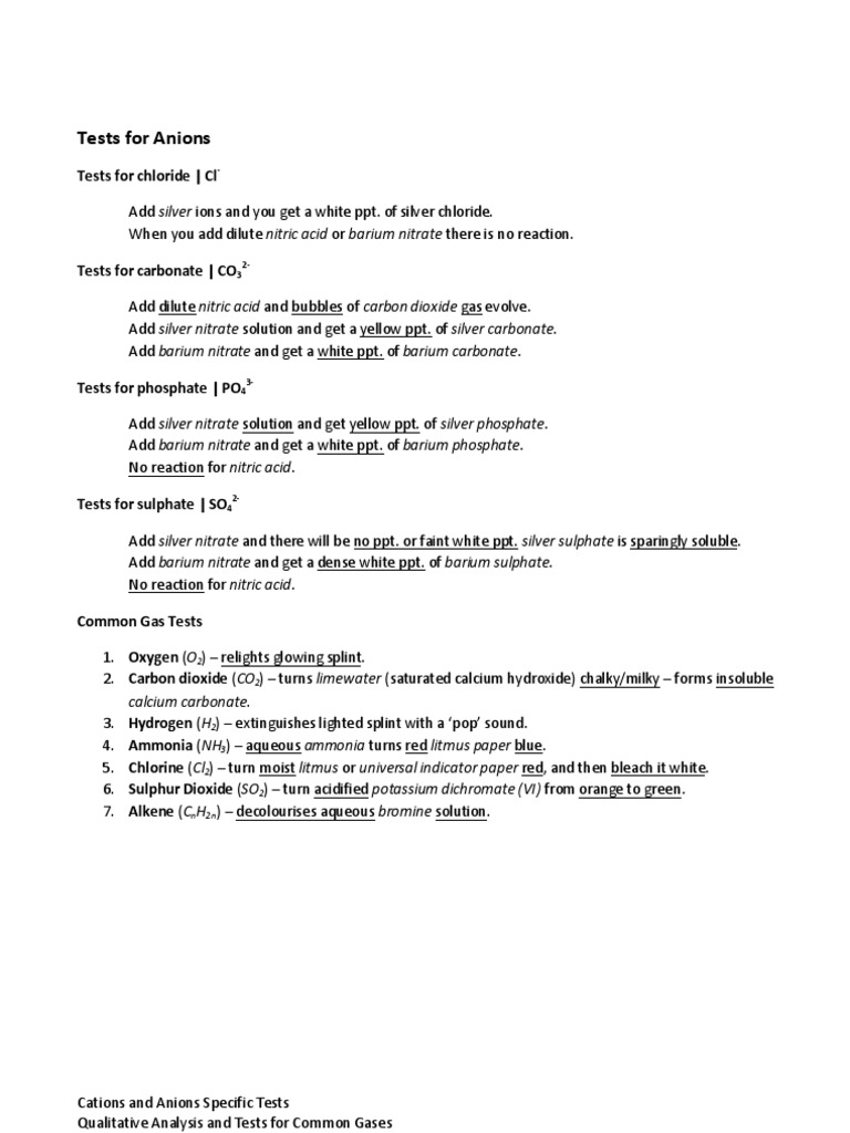 Cation Anion Tests | PDF | Chlorine | Hydroxide