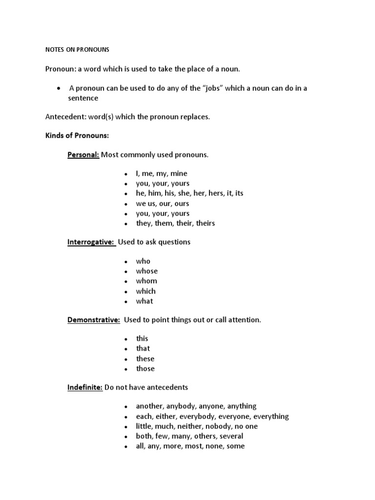 Notes On Pronouns | PDF | Pronoun | Grammatical Gender