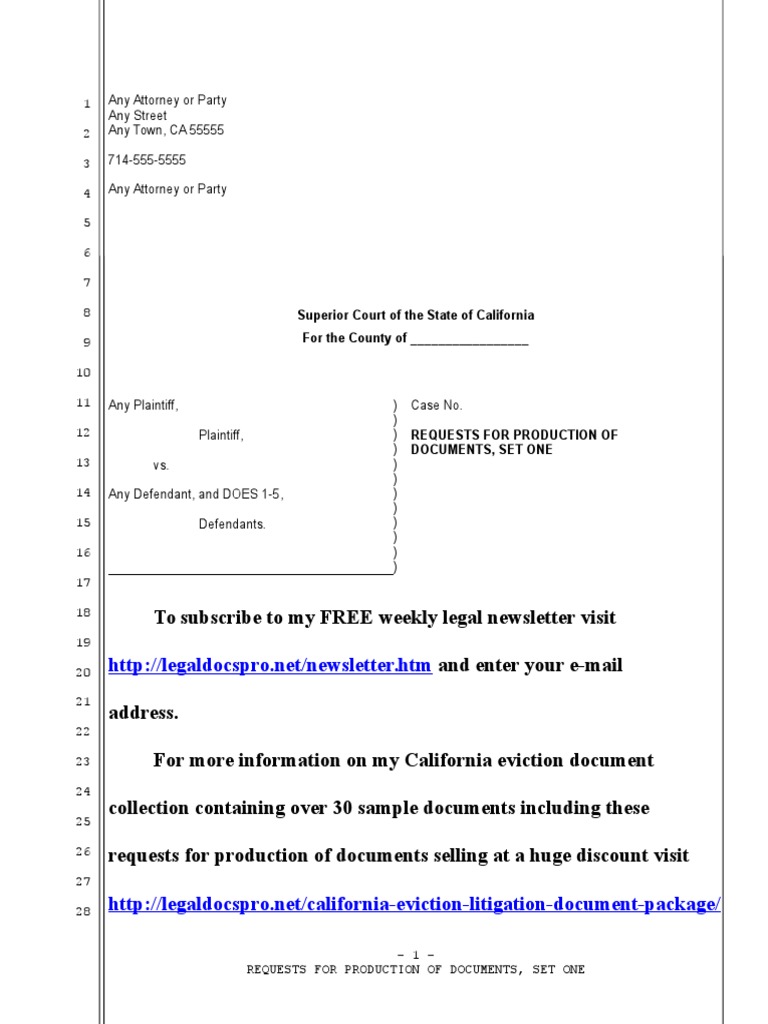 Sample Requests For Production of Documents For California Eviction ...