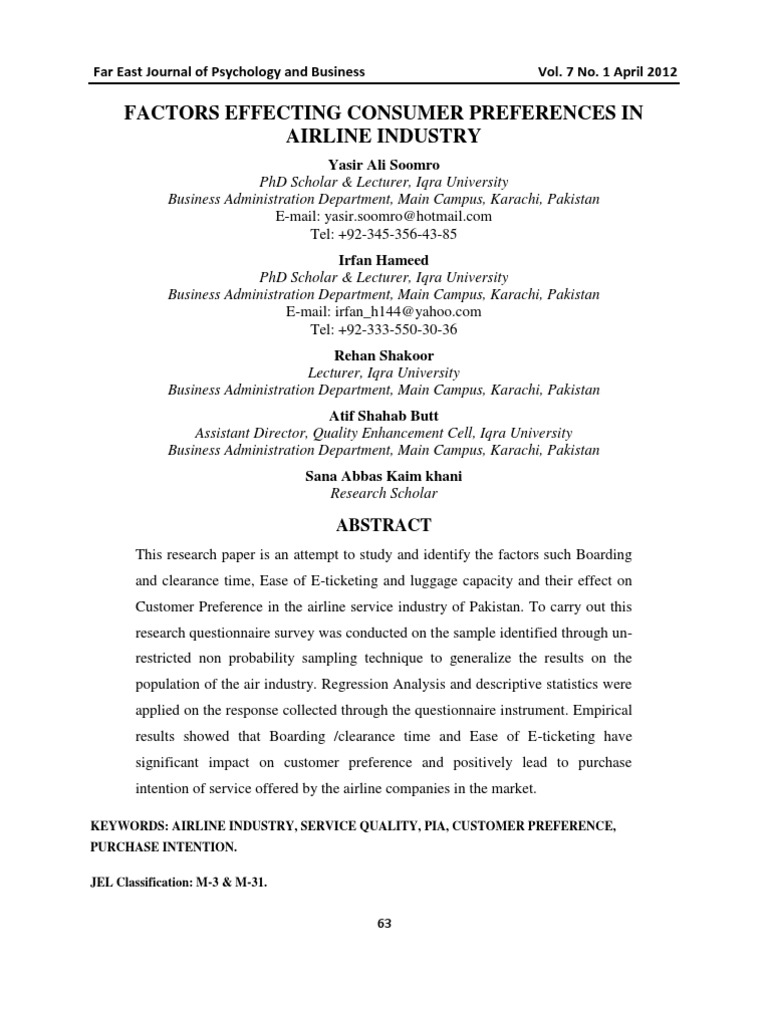 Factors Effecting Consumer Preferences in Airline Industry by Yasir Ali ...