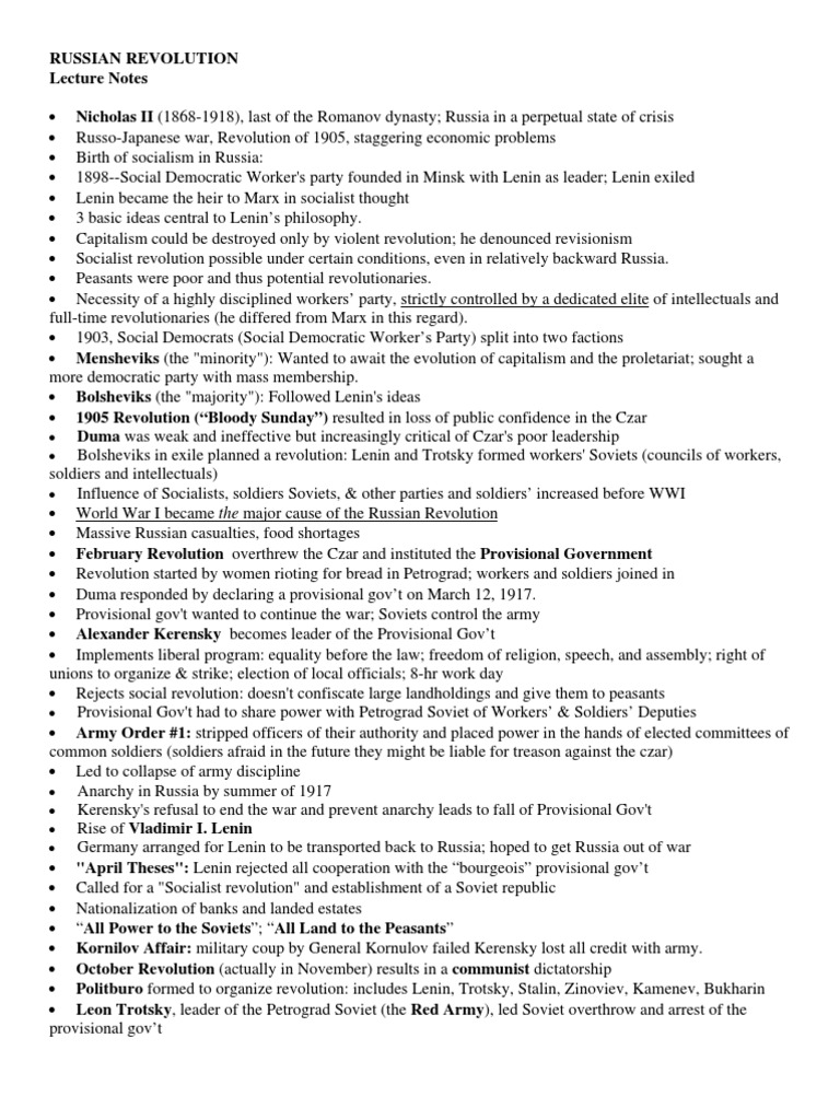 Lecture Notes Russian Revolution | PDF | Vladimir Lenin | Soviet Union