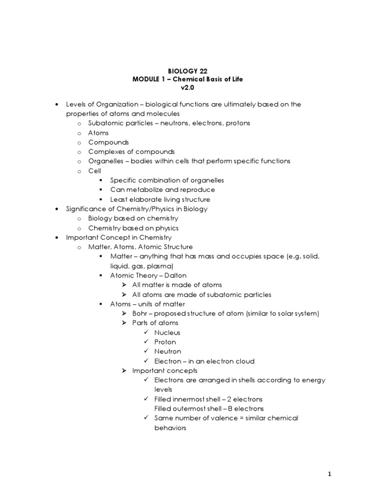 BIO 22 MODULE 1 - Chemical Basis of Life | PDF | Carbohydrates | Atoms