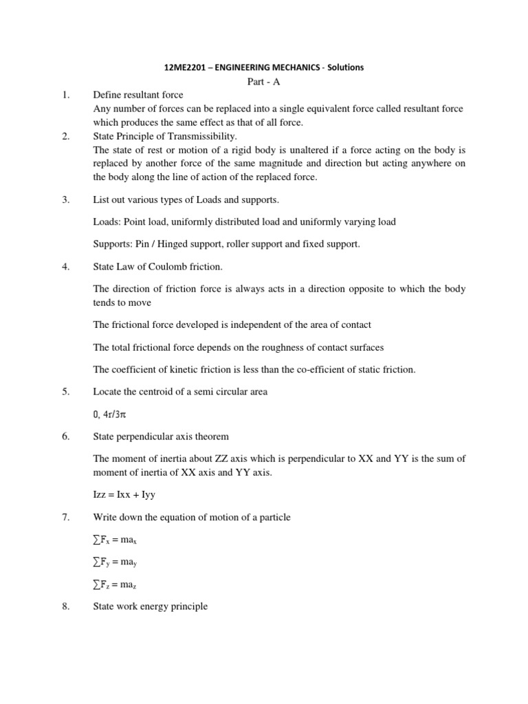 12ME2201 - ENGINEERING MECHANICS - Solutions | PDF | Rotation Around A Fixed Axis | Force