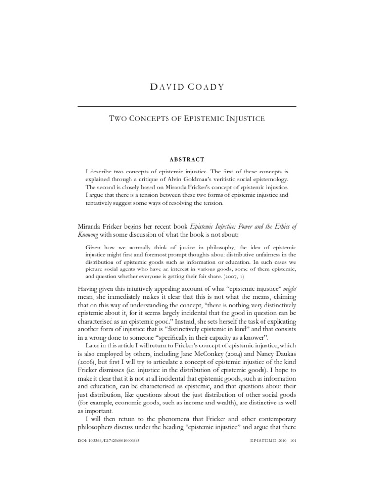 Coady - 'Two Concepts of Epistemic Justice' | PDF | Epistemology ...