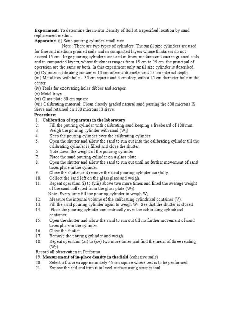 Sand Replacement Method. | PDF | Density | Sand