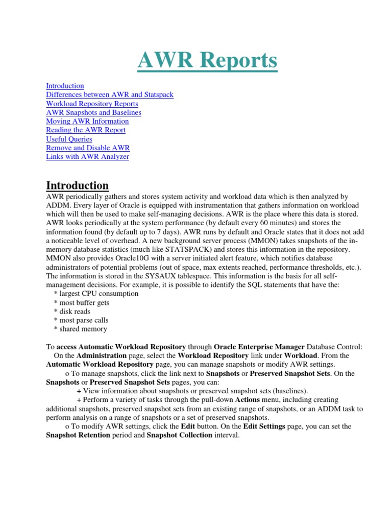 AWR Reports | PDF | Oracle Database | Sql