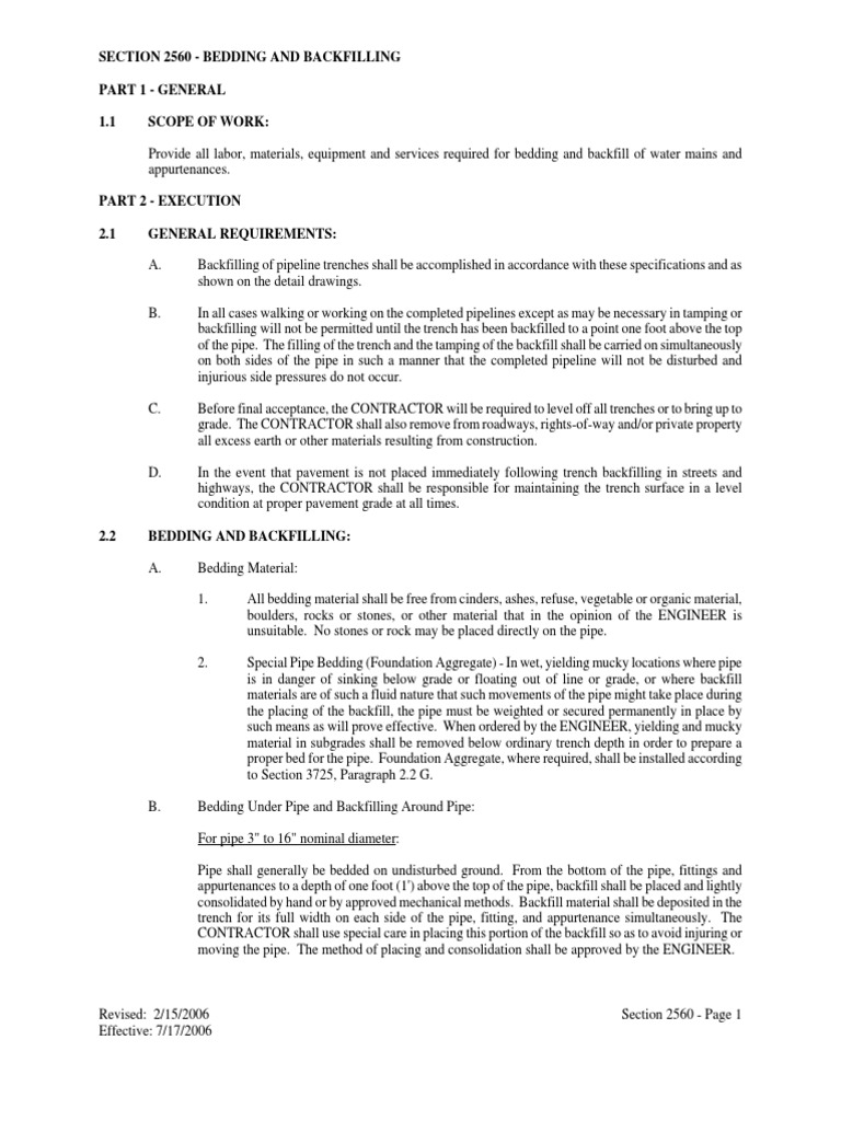 Pipe Bedding and Backfill Specifications | PDF | Easement | Road Surface