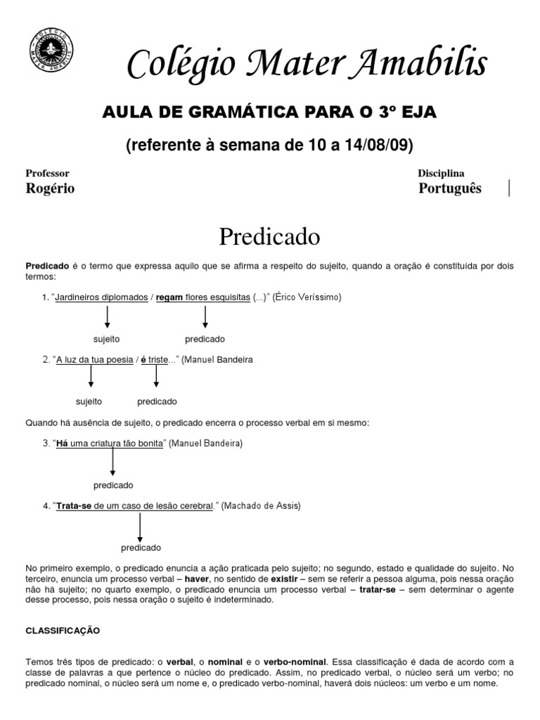 Tipos de Predicado na Gramática | PDF | Predicado (gramática) | Assunto ...