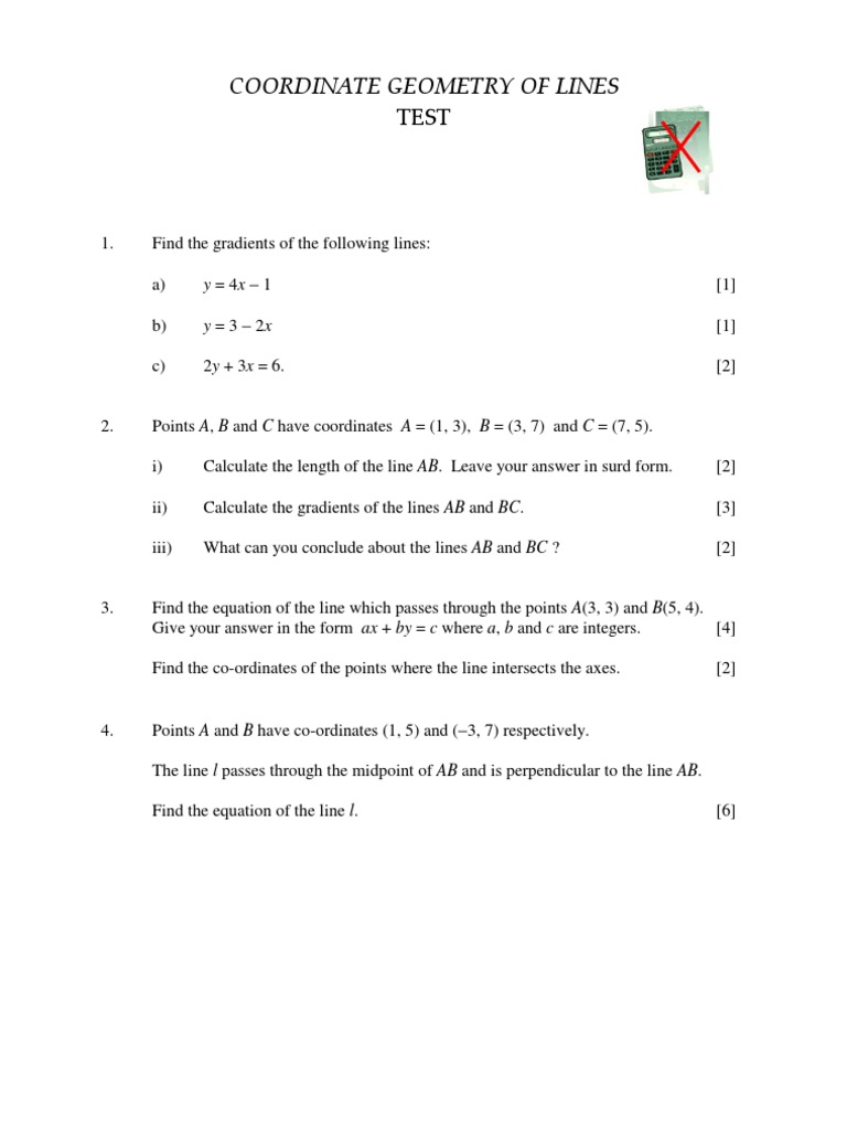 Coordinate Geometry of Lines - Test | PDF | Line (Geometry) | Perpendicular