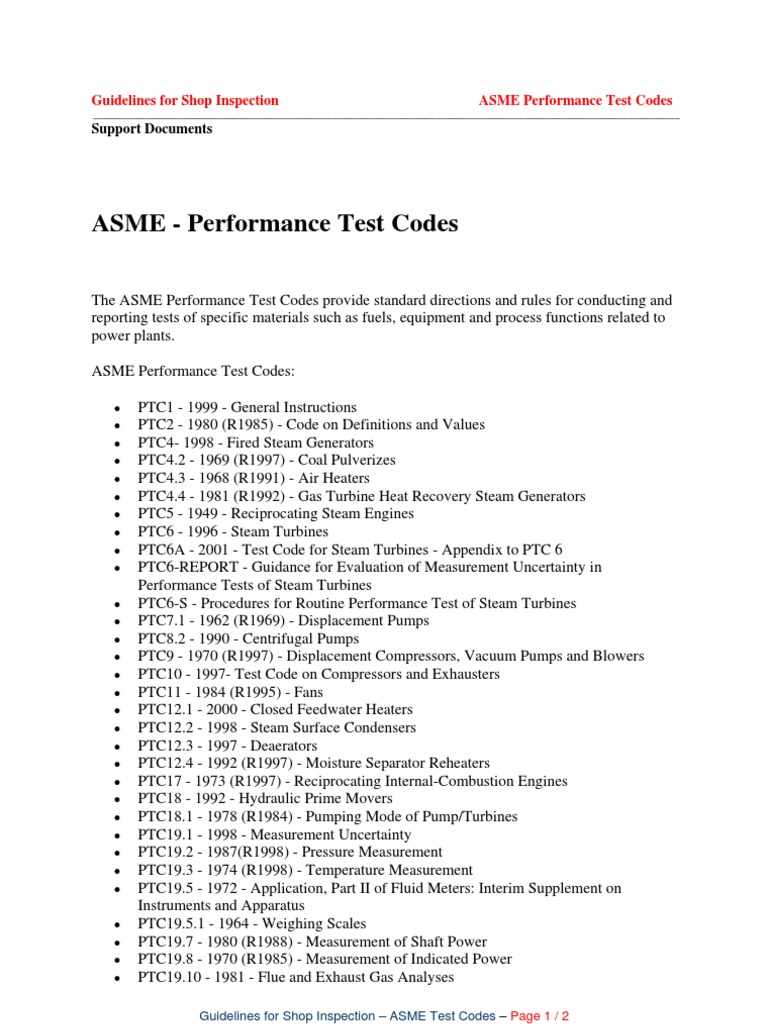 List Of ASME PTC Codes And Their Respective Titles PDF