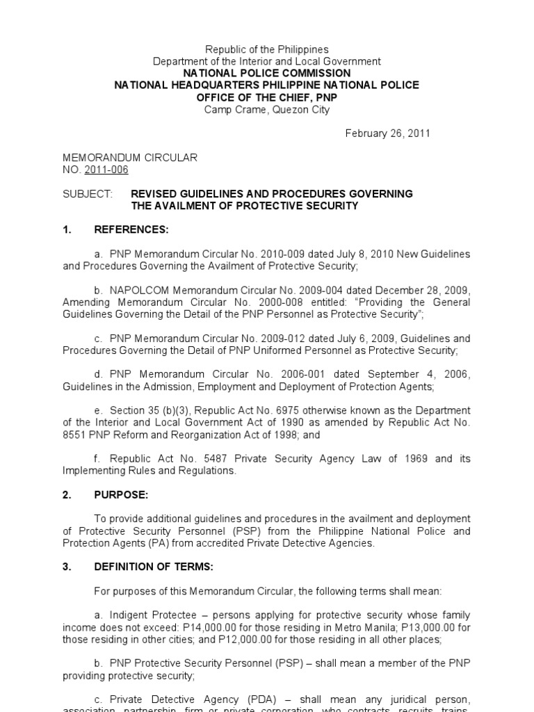 PNP Memorandum Circular 2011-006 | Private Investigator | Security Guard