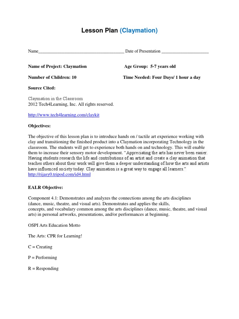 Claymation Lesson Plan Assignment | PDF | The Arts | Lesson Plan