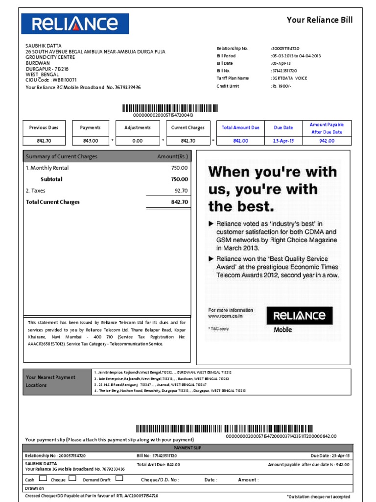 Your Reliance Bill: Summary of Current Charges Amount (RS.) 1. Monthly ...