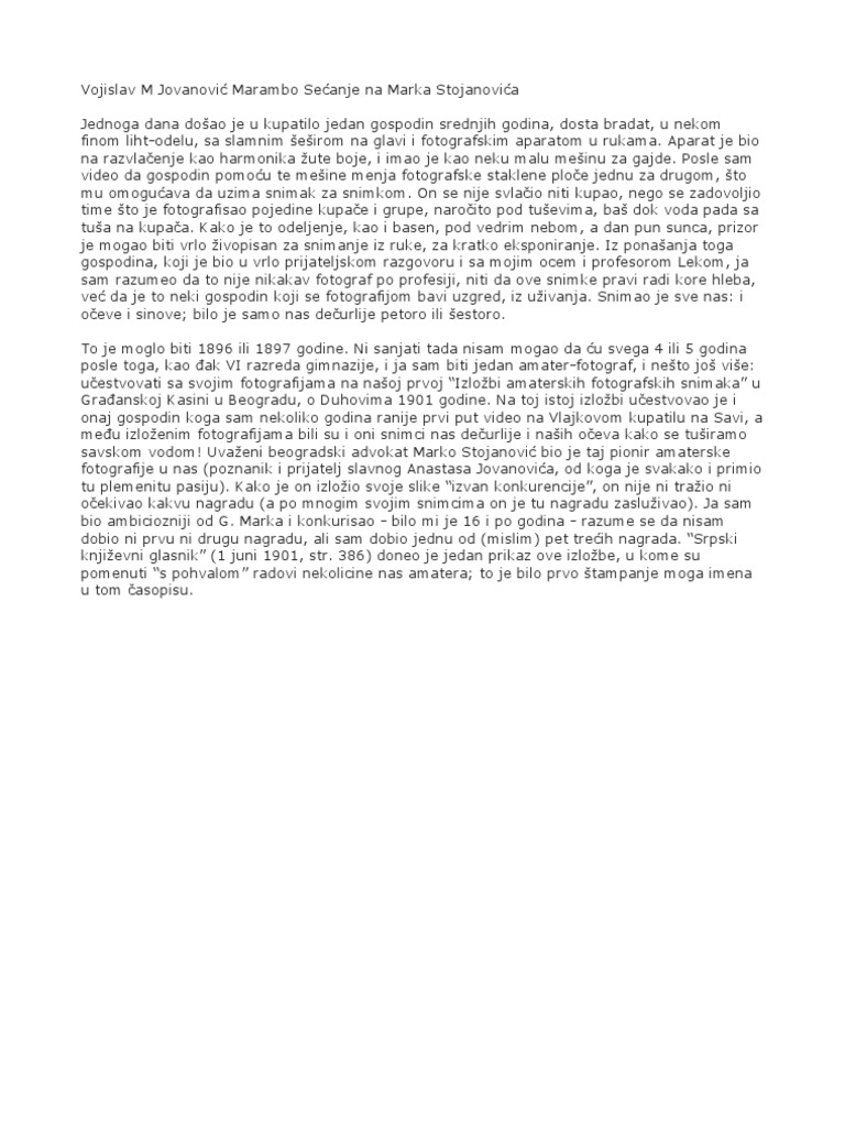 Vojislav M Jovanović Marambo Sećanje Na Marka Stojanovića | PDF