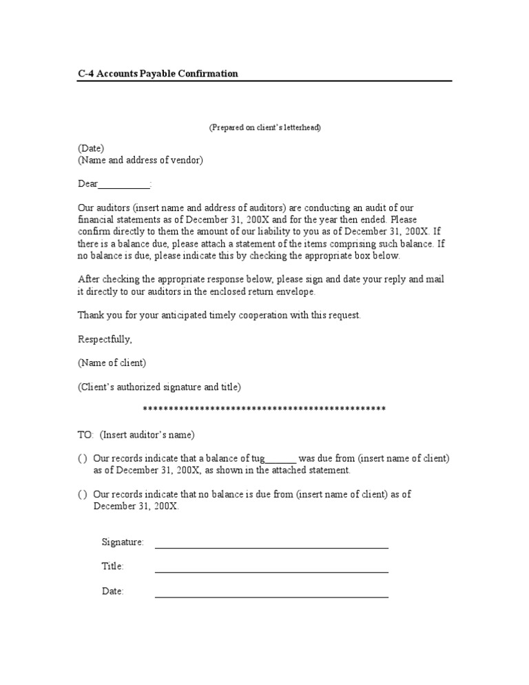 C-4 Accounts Payable Confirmation: (Prepared On Client's Letterhead ...