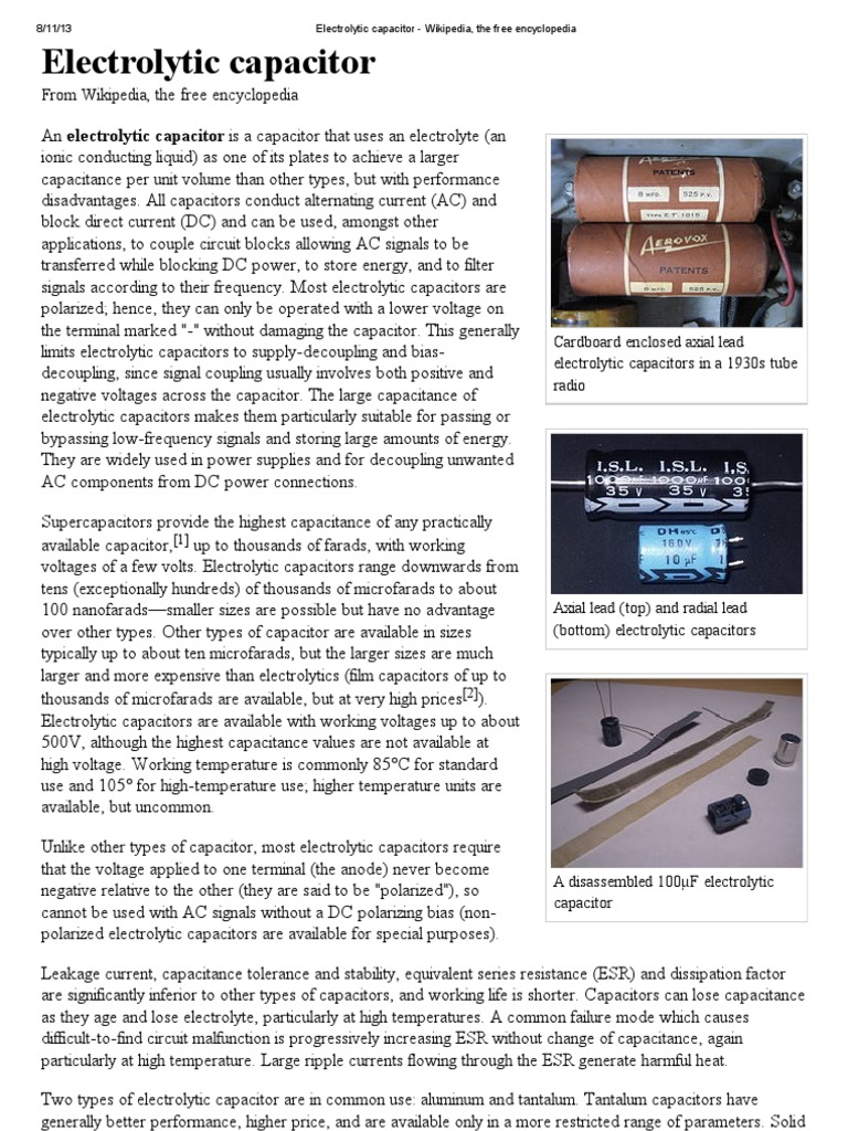 Electrolytic Capacitor - Wikipedia, The Free Encyclopedia | PDF | Capacitor | Energy Storage