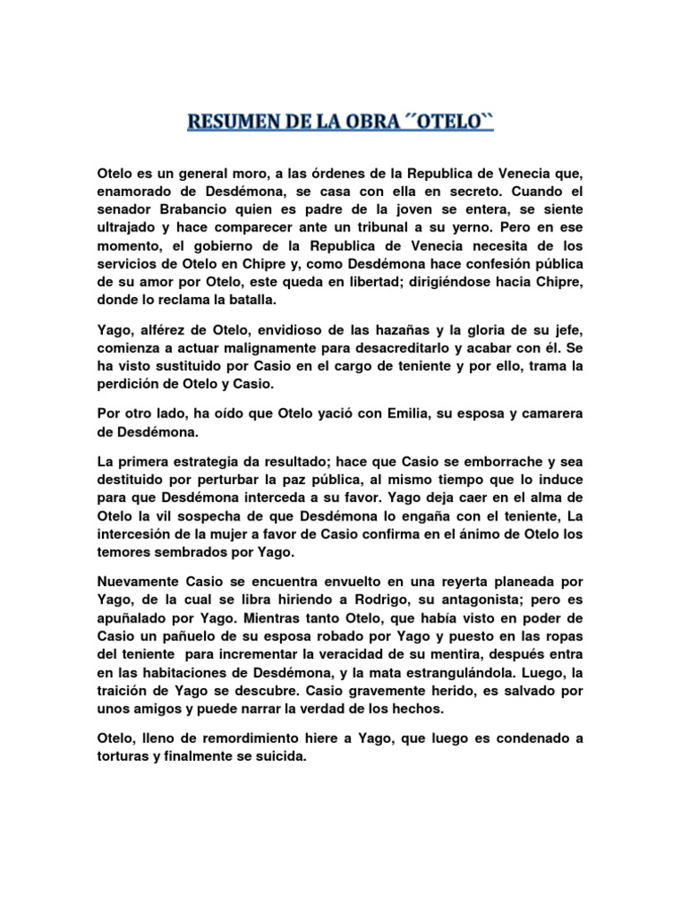 Resumen de La Obra | PDF | OTELO | William Shakespeare