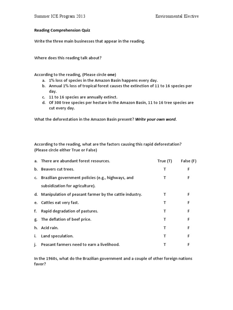 Reading Comprehension Quiz | PDF | Amazon Rainforest | Rainforest