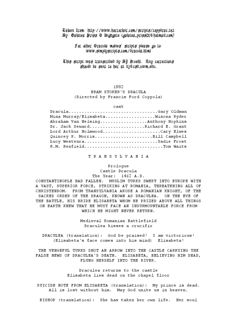 Bram Stoker's Dracula SCRIPT | PDF | Mina Harker | Abraham Van Helsing