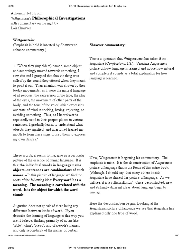 Wittgenstein - 1953 - Aphorism 1-10 From Philosophical Investigations ...