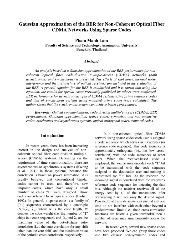 Gaussian Approximation of The BER For Non-Coherent Optical Fiber CDMA Networks Using Sparse ...