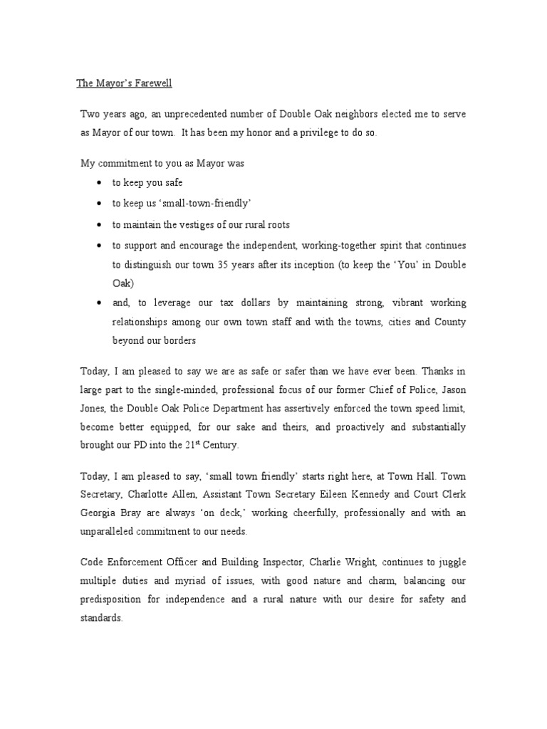 Farewell Letter From Mayor King | PDF | Government