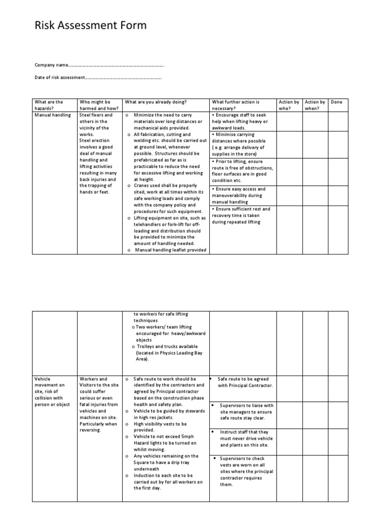 Risk Assessment Form | Download Free PDF | Vehicles | Forklift