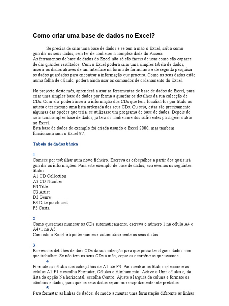 Criando uma Base de Dados no Excel | PDF | Macro (Ciência da Computação ...