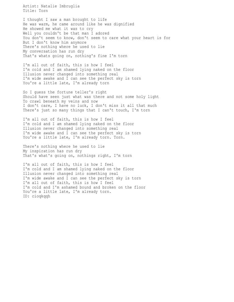 Natalie Imbruglia's "Torn" Lyrics | PDF